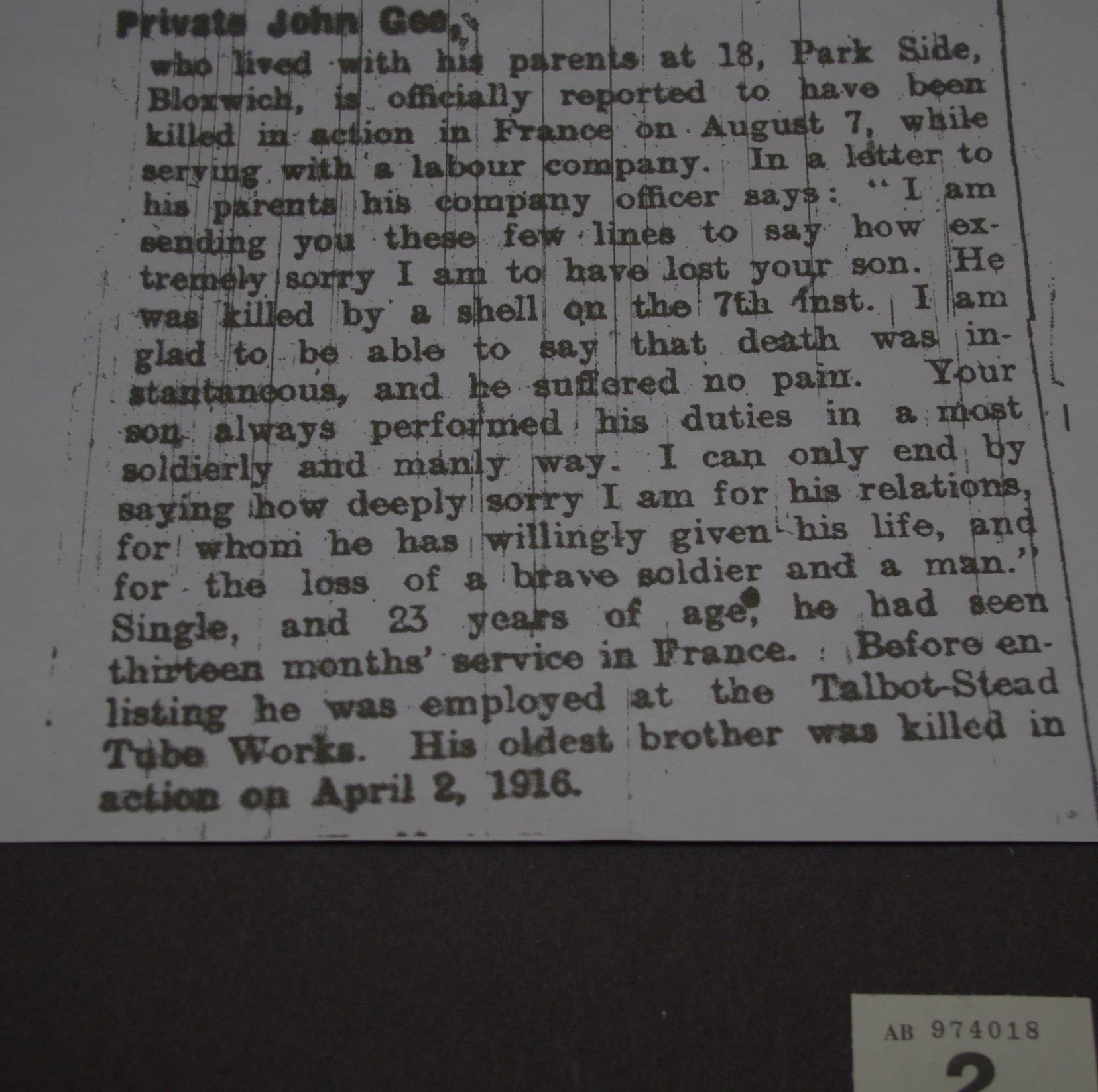 Newspaper entry recording the death of John Gee.